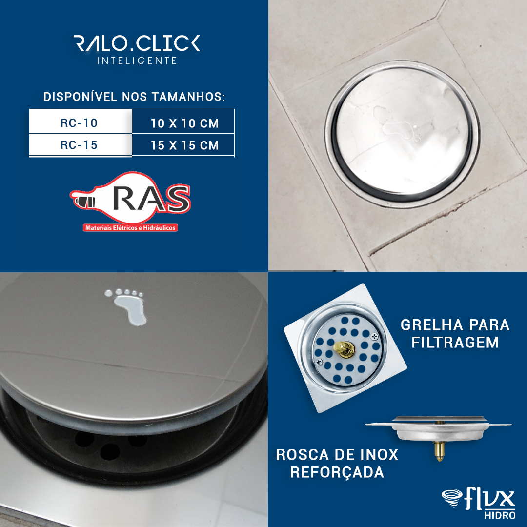 Ralo Click Quadrado 10x10cm Inox